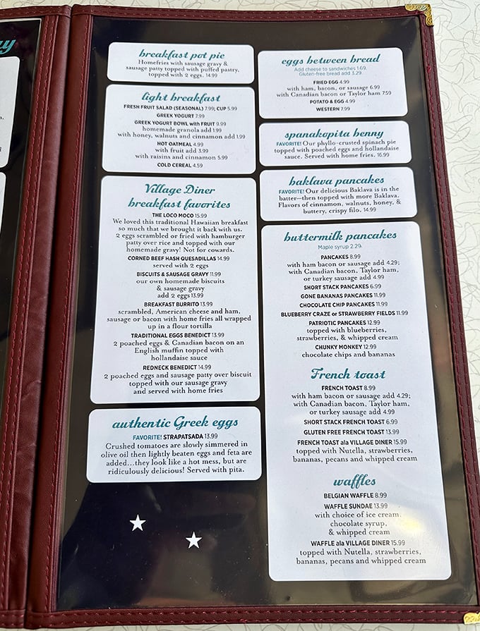 This menu isn't just offering food&mdash;it's presenting life choices. The Spanakopita Benny and Baklava Pancakes reveal Greek influences hiding in rural Pennsylvania.