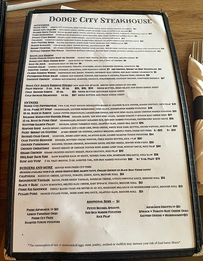 The menu reads like a carnivore's dream journal, with prime rib taking center stage as the undisputed star of this culinary show.