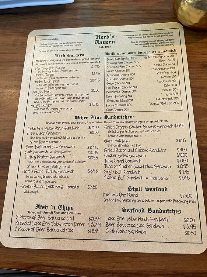 A menu that doesn't need fancy fonts or flowery descriptions &ndash; just honest tavern fare that's been perfecting the art of satisfaction since the Beatles were topping charts.