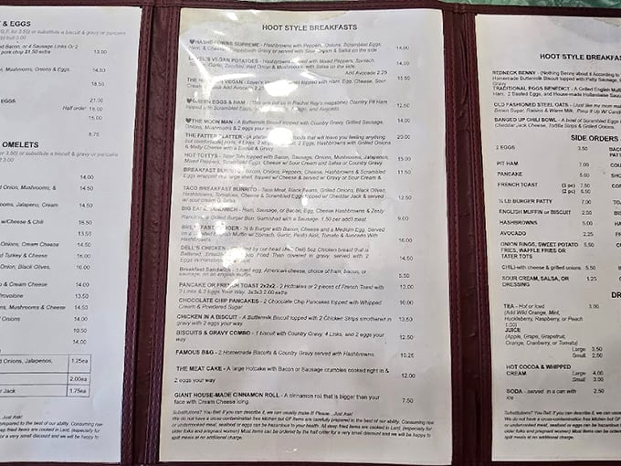 The menu reads like a love letter to morning classics, with "Hoot Style Breakfasts" promising hearty fuel for Idaho adventures.