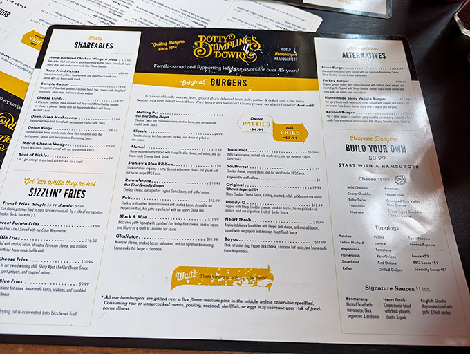 A menu that reads like poetry to the hungry. Each burger description is a promise of deliciousness to come.