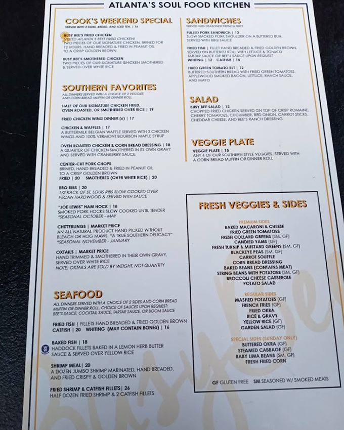 This menu isn't just a list of dishes&mdash;it's a roadmap to Southern culinary paradise. The "Southern Favorites" section should really be labeled "Life-Changing Experiences."