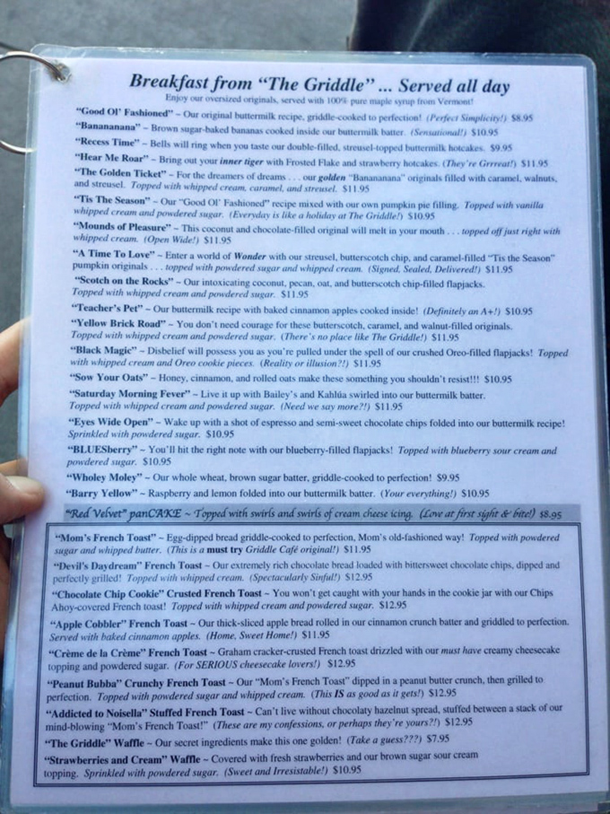 This menu reads like a love letter to breakfast, with each dish name promising a relationship status: "It's complicated" with your diet.