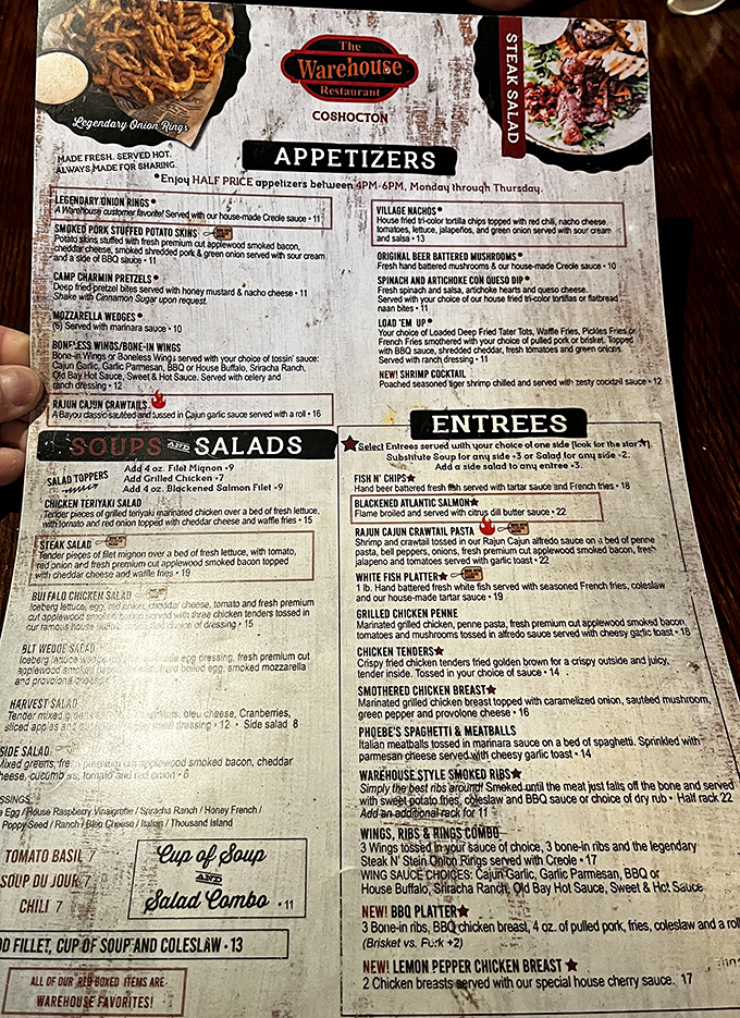 A menu that reads like a love letter to comfort food classics, with those legendary onion rings calling your name from the very top.