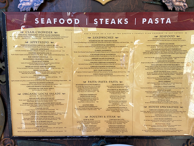A menu that reads like maritime poetry &ndash; where "Seafood | Steaks | Pasta" isn't just food, it's a promise of coastal bliss.