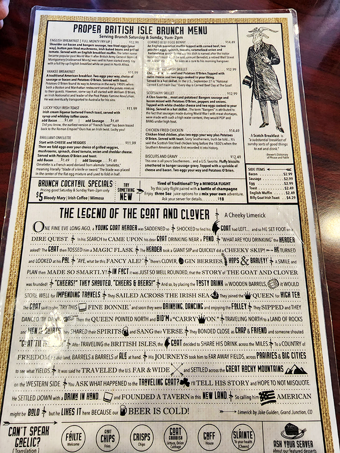 Not just a menu, but a proper British education. The "Can't Speak Gaelic?" section prevents embarrassing moments when ordering your "crisps."