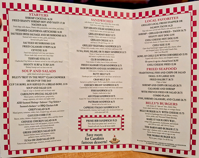The menu's red-checkered border isn't just cute&mdash;it's a warning that decisions will be hard. "Save room for Carolyn's famous desserts" might be the wisest advice ever printed.