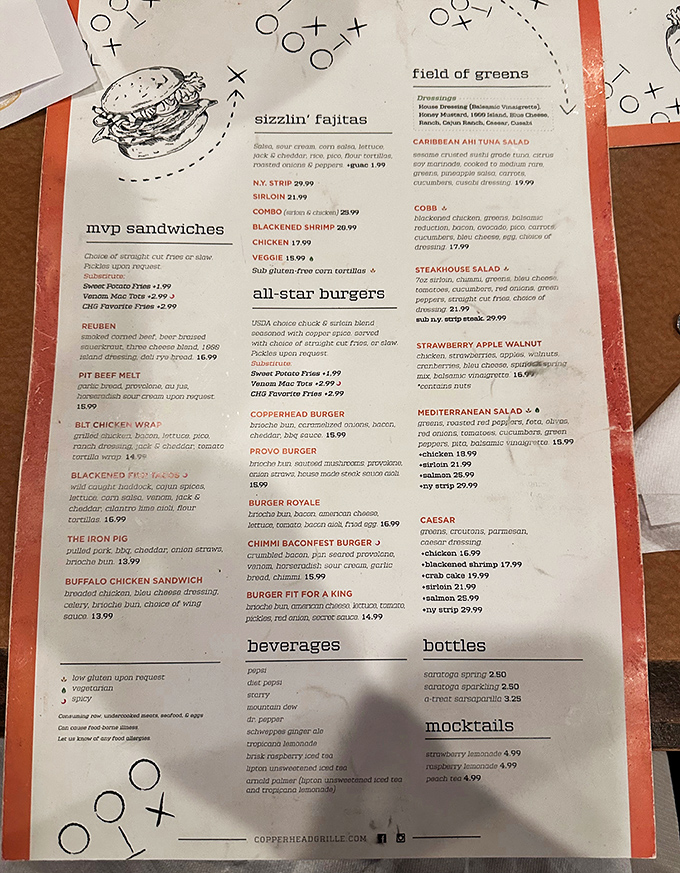 A menu that reads like a love letter to American comfort food. From MVP sandwiches to sizzlin' fajitas, decision paralysis has never been so delicious.
