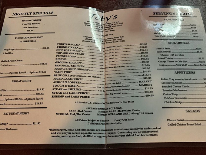 The menu at Toby's reads like a greatest hits album of Midwest cuisine. No molecular gastronomy here—just the classics performed perfectly night after night.