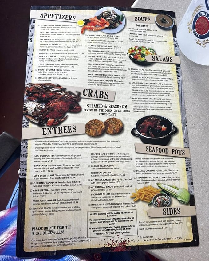 This menu isn't just a list&mdash;it's a treasure map to Chesapeake Bay delights. Each description promises a different path to seafood nirvana.