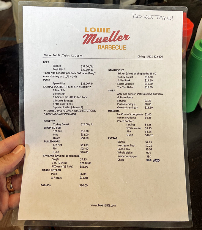 The menu reads like barbecue poetry&mdash;brisket, ribs, sausage&mdash;with no unnecessary flourishes. In Texas, simplicity isn't just a virtue, it's a requirement.