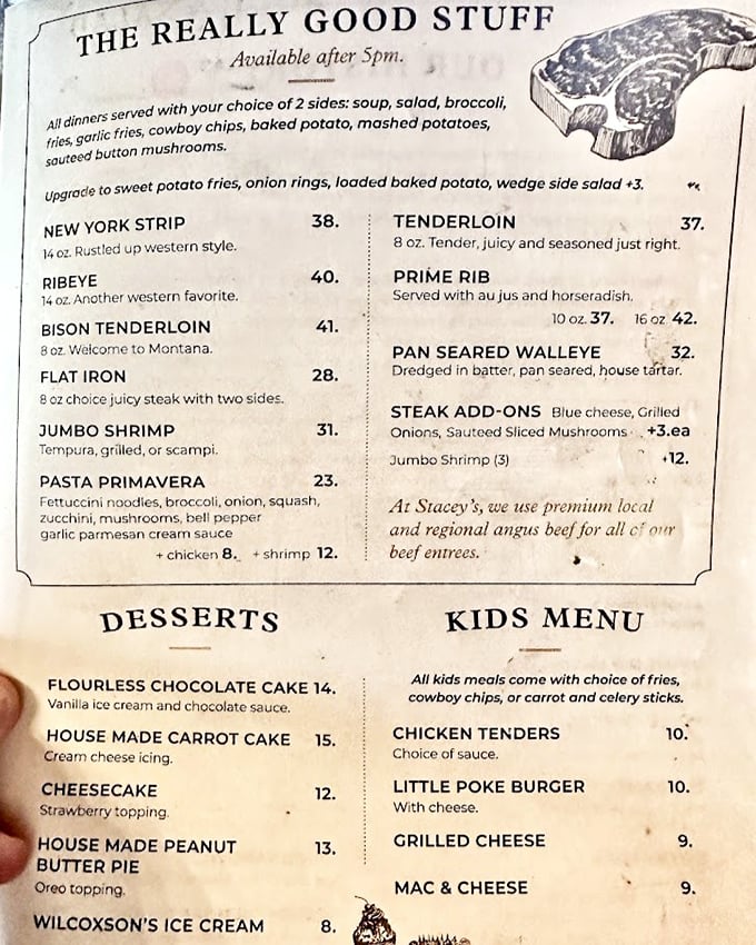 Behold, the sacred text of carnivores! This menu isn't just a list; it's a love letter to beef, with supporting roles played by seafood and veggies. 