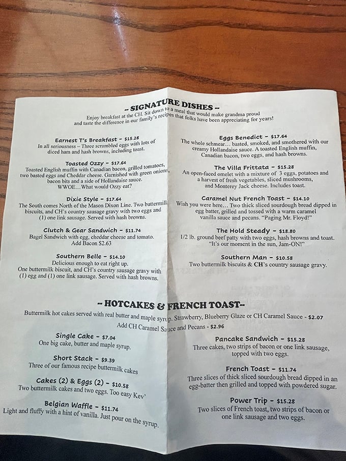 This menu reads like a love letter to breakfast classics. "Earnest T's Breakfast" and "Toasted Ozzy" prove someone in the kitchen has both talent and personality.