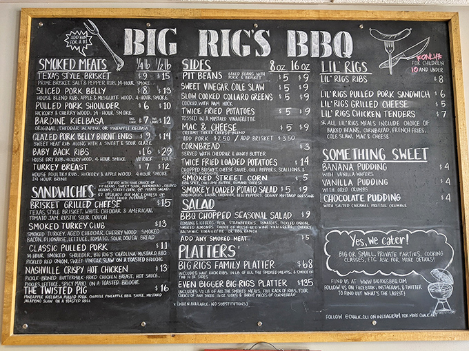 This chalkboard menu reads like poetry to BBQ enthusiasts&mdash;a smoky sonnet of meats, sides, and sweet finales that promises satisfaction.