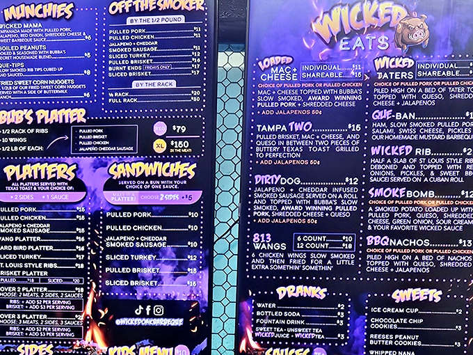 The menu board glows with promise&mdash;a roadmap to barbecue bliss where "Tampa Two" and "Dirty Dog" aren't football plays but flavor touchdowns.