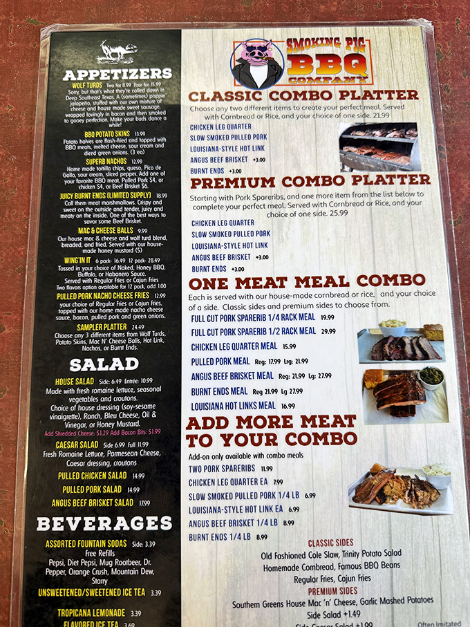 A menu that reads like poetry to carnivores. The hardest decision you'll make all day is which smoked masterpiece deserves your attention.