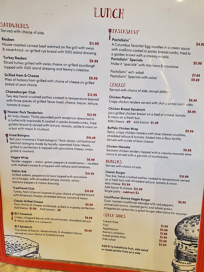 The lunch menu at Delaney's reads like a love letter to American classics. Reuben sandwiches, fried bologna, and that intriguing PastaSalvi await your hungry gaze.