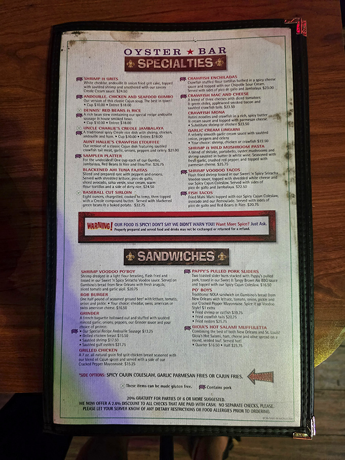 The menu reads like a love letter to New Orleans, with enough Cajun classics to make you forget you're in the Show-Me State.