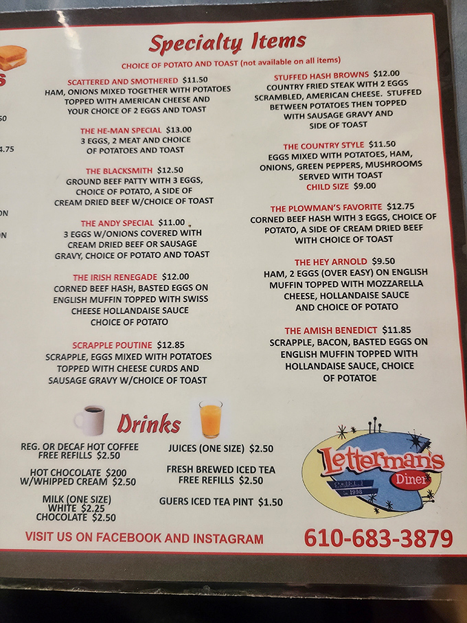 The menu reads like a love letter to comfort food, with specialties sporting names like "The Irish Renegade" and "The Amish Benedict" &ndash; Pennsylvania culture on a plate.