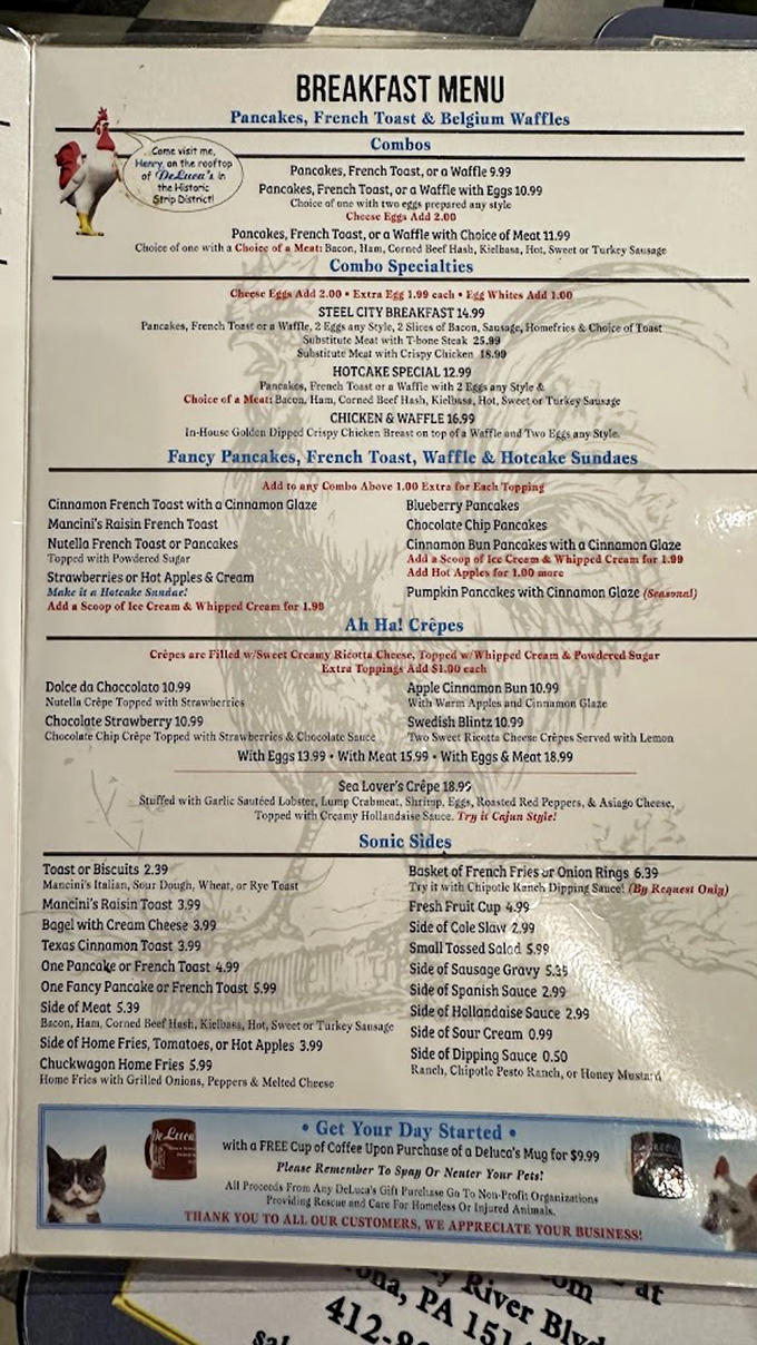 A menu that doesn't just list food&mdash;it promises happiness. The rooster cartoon saying "come visit me" is the cherry on top.