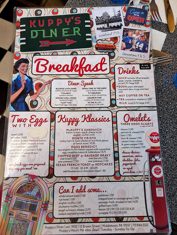 This menu isn't just a list of food&mdash;it's a cultural artifact with "Diner Speak" translations and promises of perfectly poached eggs that'll make your morning memorable.