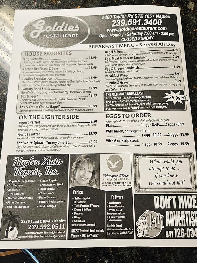 The menu tells the whole story: breakfast served all day, house favorites that keep regulars coming back, and that legendary chicken fried steak calling your name.
