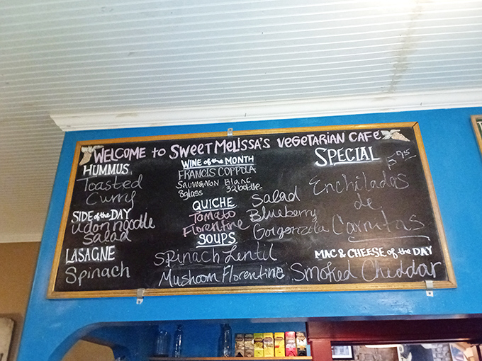The chalkboard menu reads like poetry to the hungry—each dish a verse in Sweet Melissa's ode to vegetarian comfort.