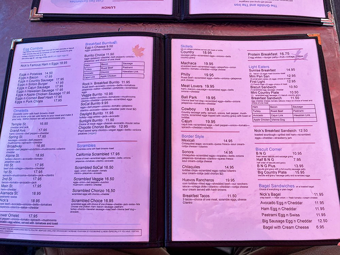 The menu reads like a love letter to breakfast classics, each item promising a different kind of morning happiness.