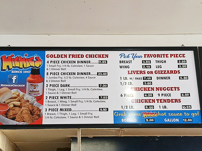 A menu board that cuts right to the chase – no fancy fonts or clever names, just honest descriptions of chicken that'll make your taste buds dance.