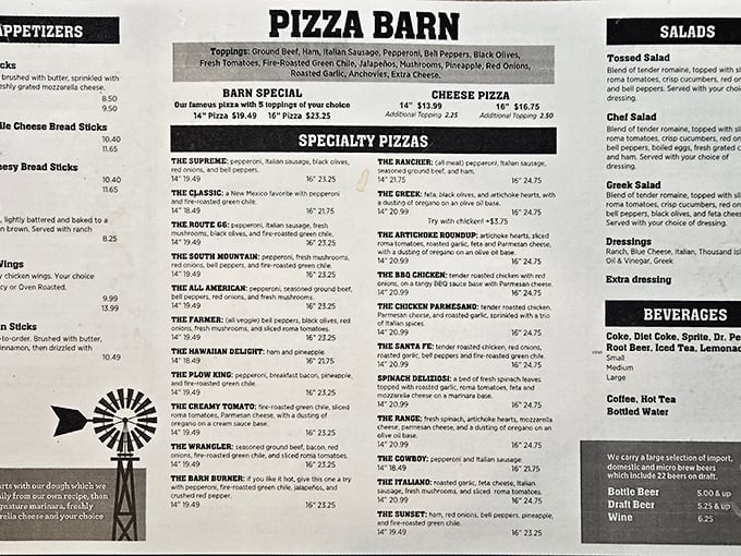The menu reads like a love letter to pizza possibilities, with the Barn Special standing tall as the heavyweight champion of toppings.