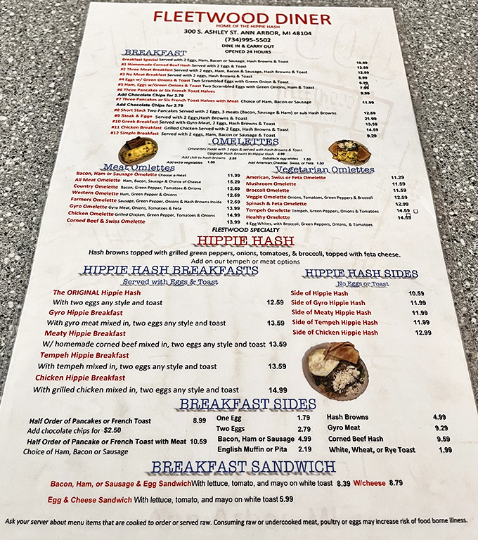 The menu reads like a love letter to American breakfast classics, with the legendary Hippie Hash taking center stage as the diner's signature creation.