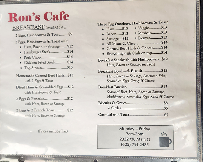 This menu isn't just a list of options&mdash;it's a roadmap to happiness. Notice how everything includes tax? That's the kind of straightforward honesty I respect in a breakfast joint.