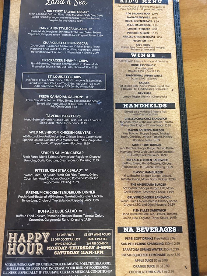 A menu that reads like a love letter to seafood enthusiasts, with Maryland-style crab cakes stealing the spotlight.