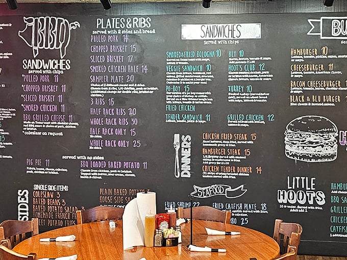 The chalkboard menu &ndash; a poetic manifesto of meat. Each handwritten item represents hours of smoking, seasoning, and Southern dedication.