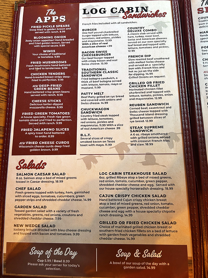 The menu reads like a love letter to Southern cuisine &ndash; fried mushrooms, country classics, and sandwiches that require both hands and a healthy appetite.