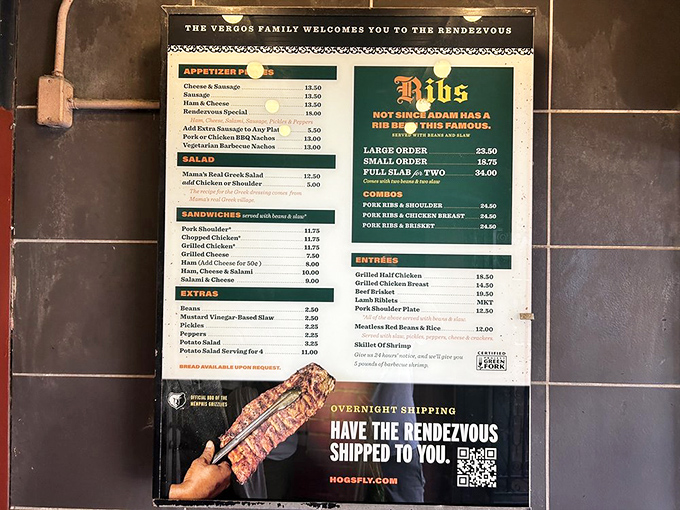 The menu that launched a thousand road trips. Classic offerings proudly displayed with that "we know what we're doing" confidence only decades of barbecue mastery can earn.