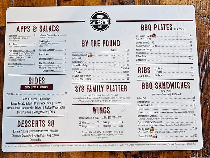 A menu that reads like barbecue poetry – notice how your eyes immediately dart to "Family Platter" like it's calling your name.