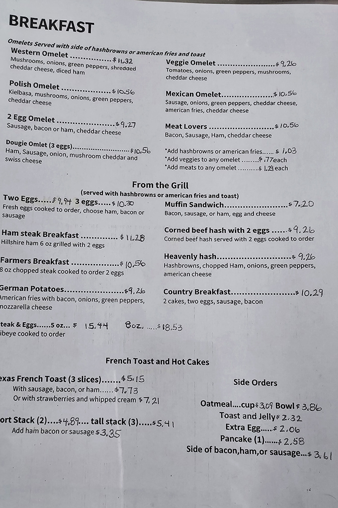 A breakfast menu that reads like poetry to hungry souls. The Polish Omelet nods to Wisconsin's heritage, while "Heavenly Hash" promises divine morning salvation. 