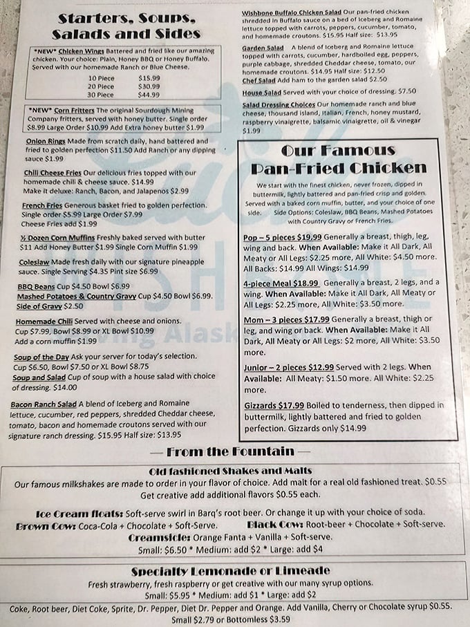 The menu reads like a love letter to comfort food classics, with that famous pan-fried chicken taking center stage.