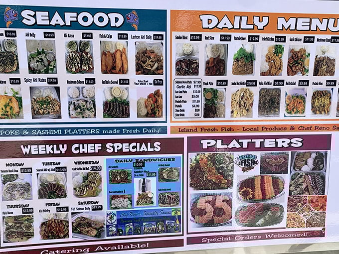 This menu board isn't just information&mdash;it's a roadmap to paradise. Choose your own seafood adventure!