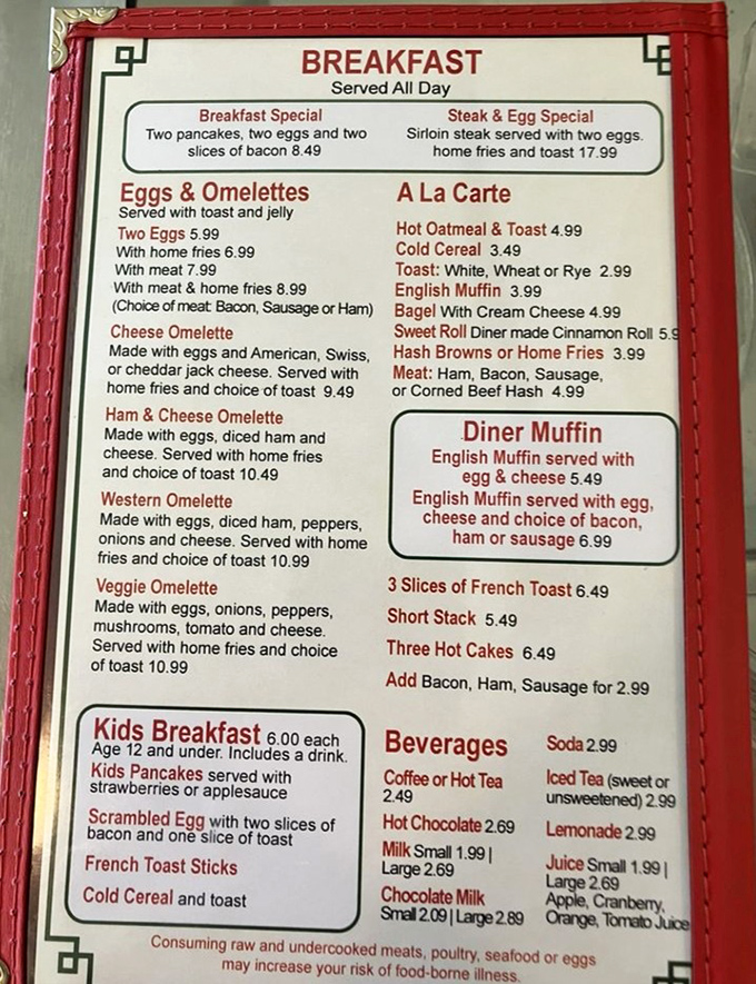 The breakfast menu reads like a love letter to morning classics. Two pancakes, two eggs, two slices of bacon&mdash;the holy trinity of diner breakfasts.