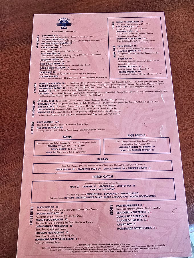 A menu that reads like a love letter to the sea, offering everything from fresh-caught fish to that legendary key lime pie finale.