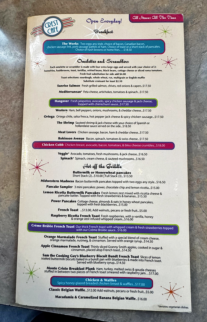 Menu treasure map alert! Each highlighted specialty promises a flavor adventure worth embarking on, especially that chicken and waffles calling your name.