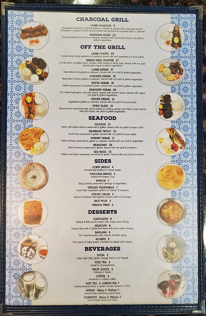 This menu reads like a passport to Central Asia. Each dish promises an adventure more exciting than that time your uncle tried to deep-fry a turkey.
