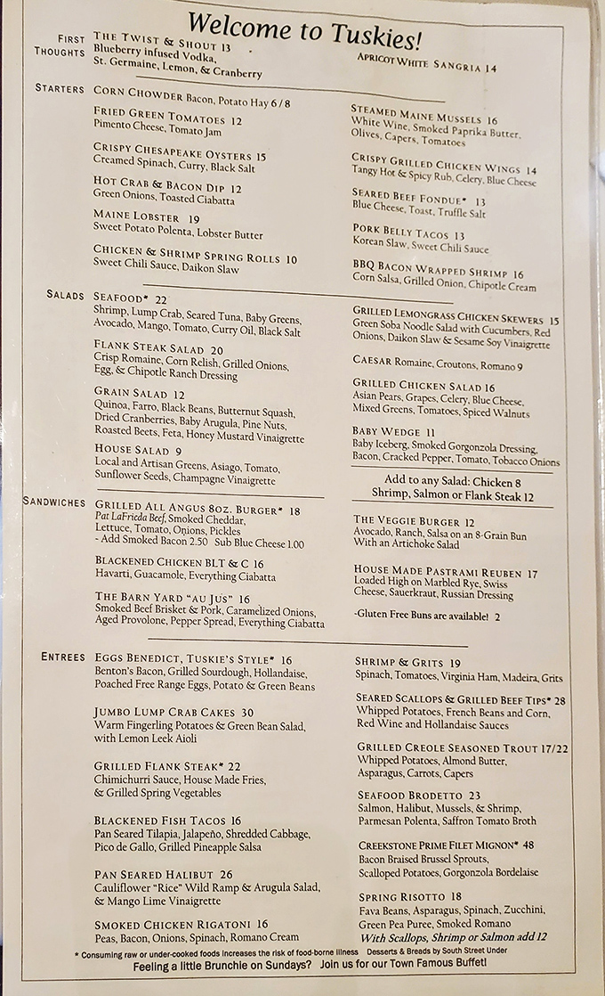 The menu at "Tuskies" reads like a love letter to regional cuisine, with each dish promising its own delicious story.