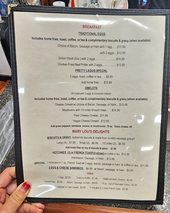 The menu reads like a love letter to breakfast classics. Notice how "Biscuits & Gravy" gets its own special billing under "Mary Lou's Delights."