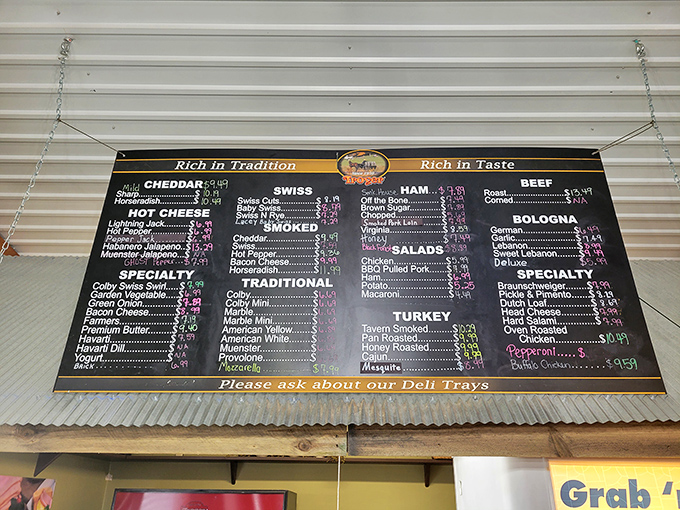 This menu board isn't just a list&mdash;it's a roadmap to sandwich nirvana. The Swiss and specialty sections alone deserve their own documentary series. 