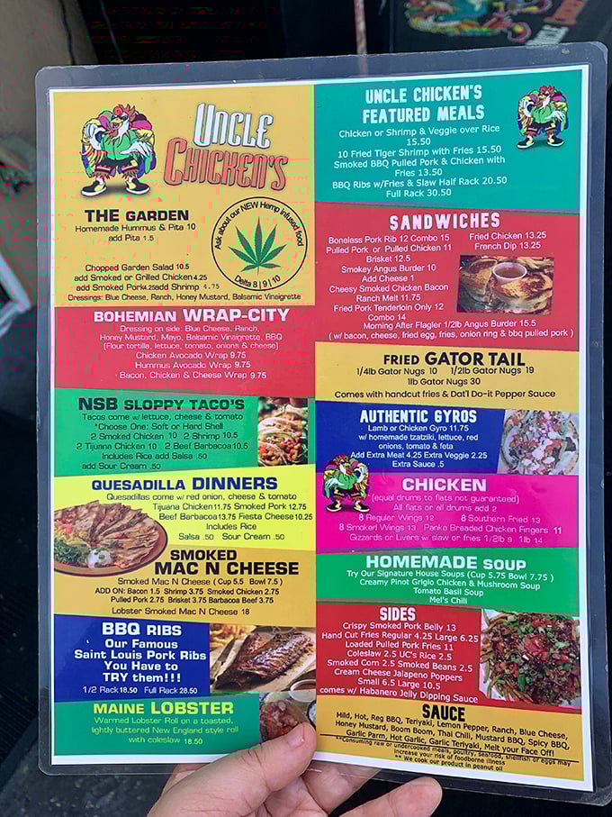 This menu isn't just extensive, it's a culinary choose-your-own-adventure book. From gyros to gator tail, it's like a United Nations of comfort food.