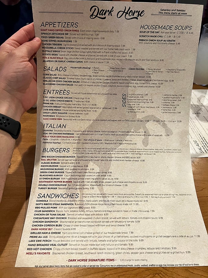 This menu isn't just a list of dishes – it's a roadmap to comfort food nirvana with prime rib as the holy grail.