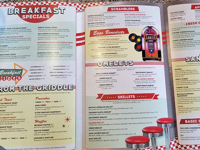 This menu isn't just offering food; it's presenting life choices. With breakfast served all day, it's perpetually 9 AM somewhere at Gus's Diner.